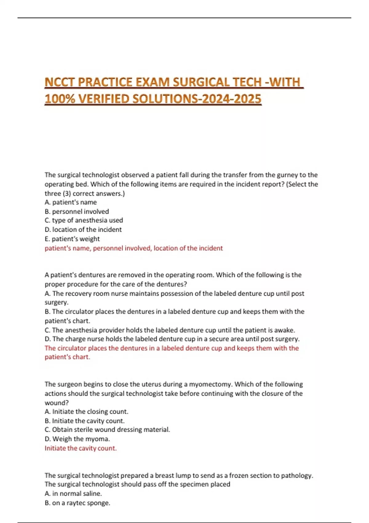 NCCT PRACTICE EXAM SURGICAL TECH -WITH 100% VERIFIED SOLUTIONS- - NCCT ...