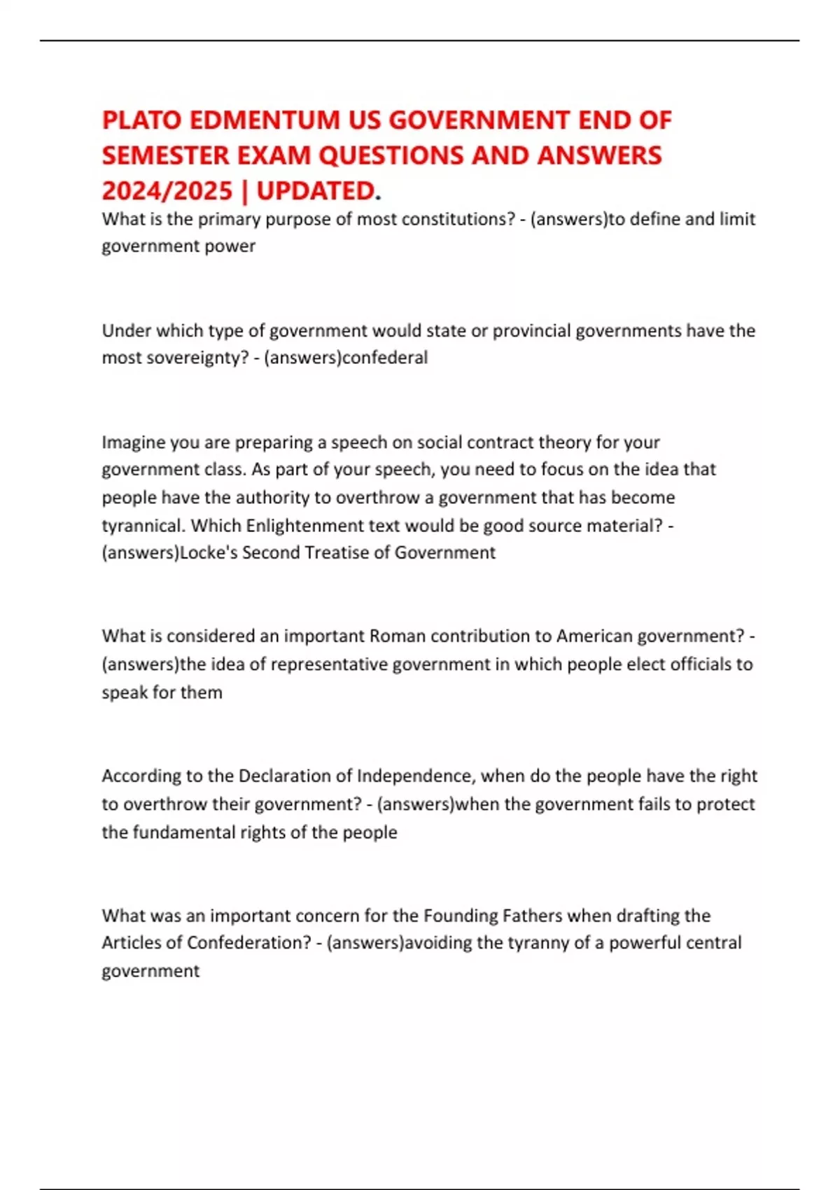 PLATO EDMENTUM US GOVERNMENT END OF SEMESTER EXAM QUESTIONS AND ANSWERS ...