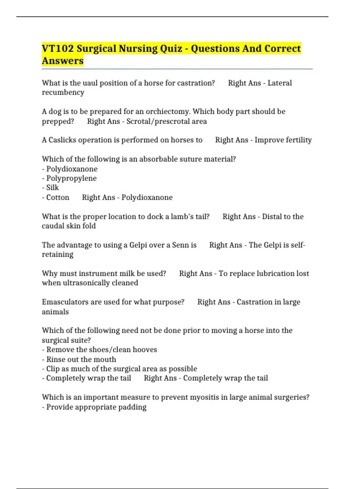 VT102 Surgical Nursing Quiz - Questions And Correct Answers - VT102 ...