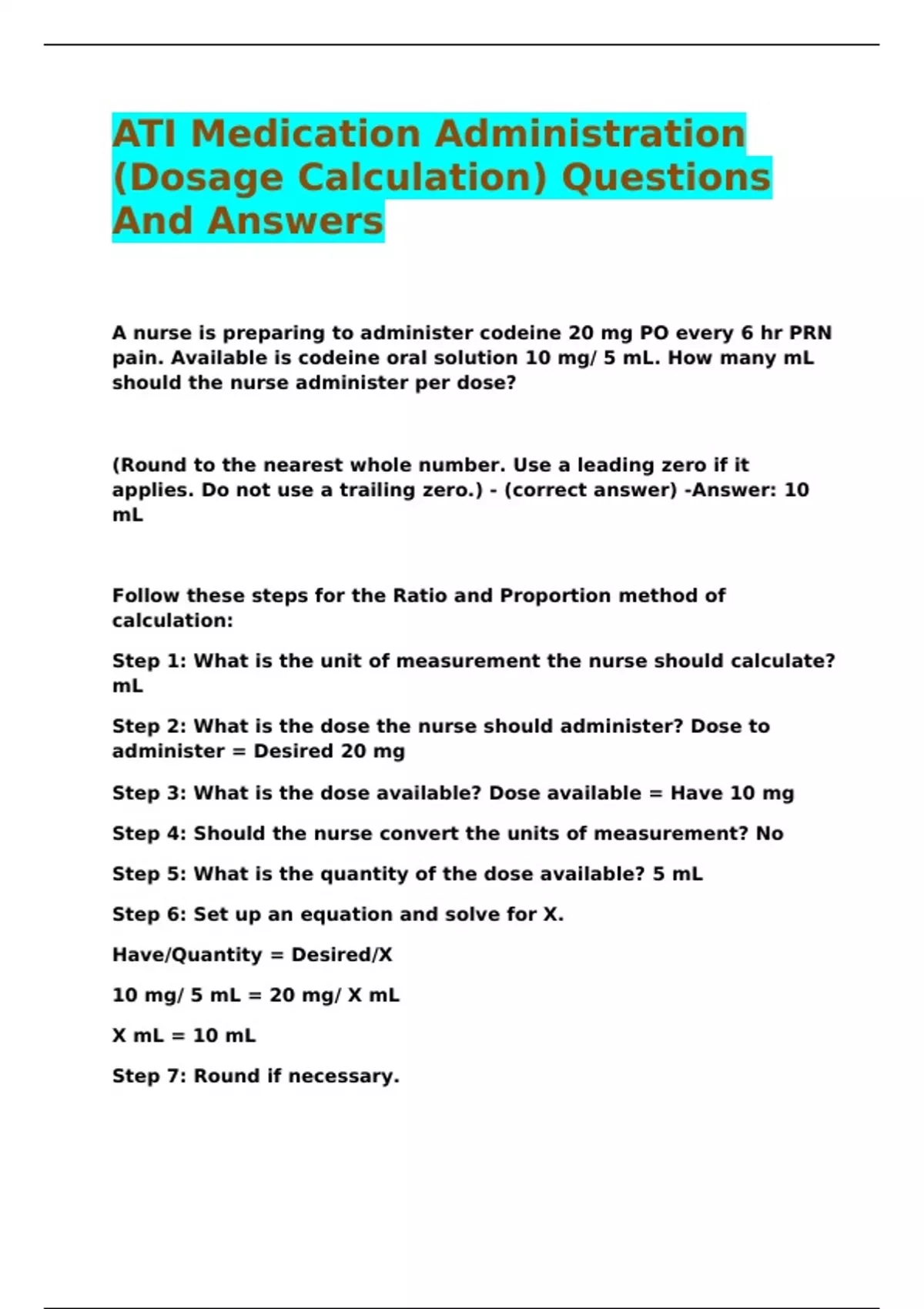 ATI Medication Administration (Dosage Calculation) Questions And ...