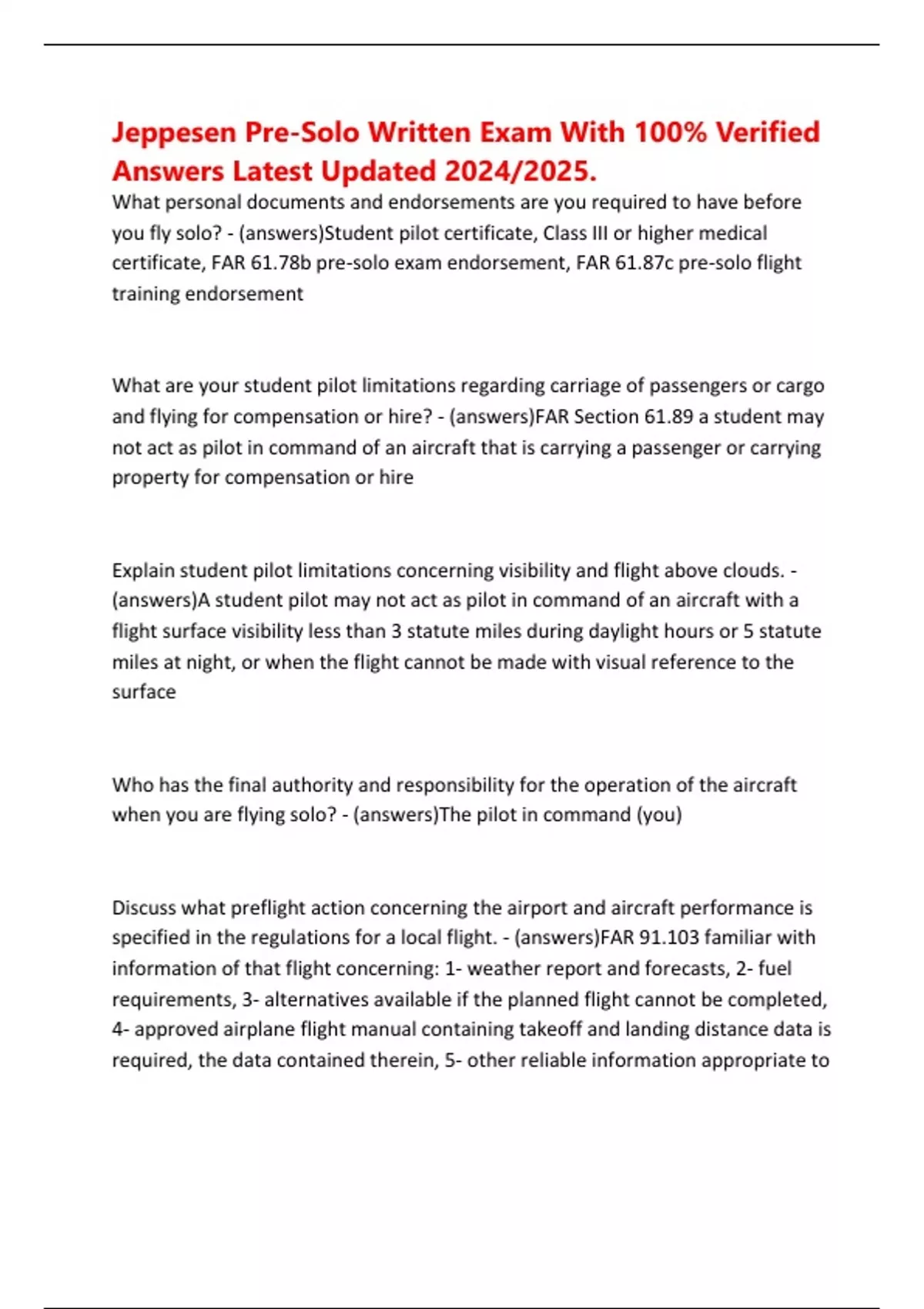 Jeppesen Pre-Solo Written Exam With 100% Verified Answers Latest ...
