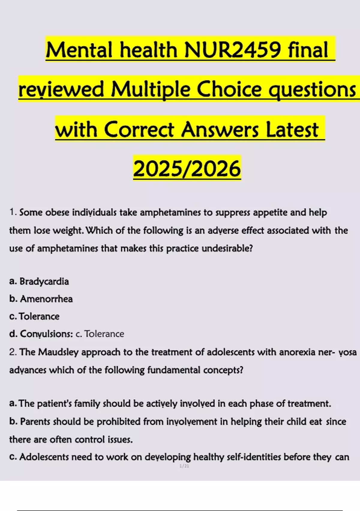 Mental health NUR2459 final reṿiewed Multiple Choice questions with ...