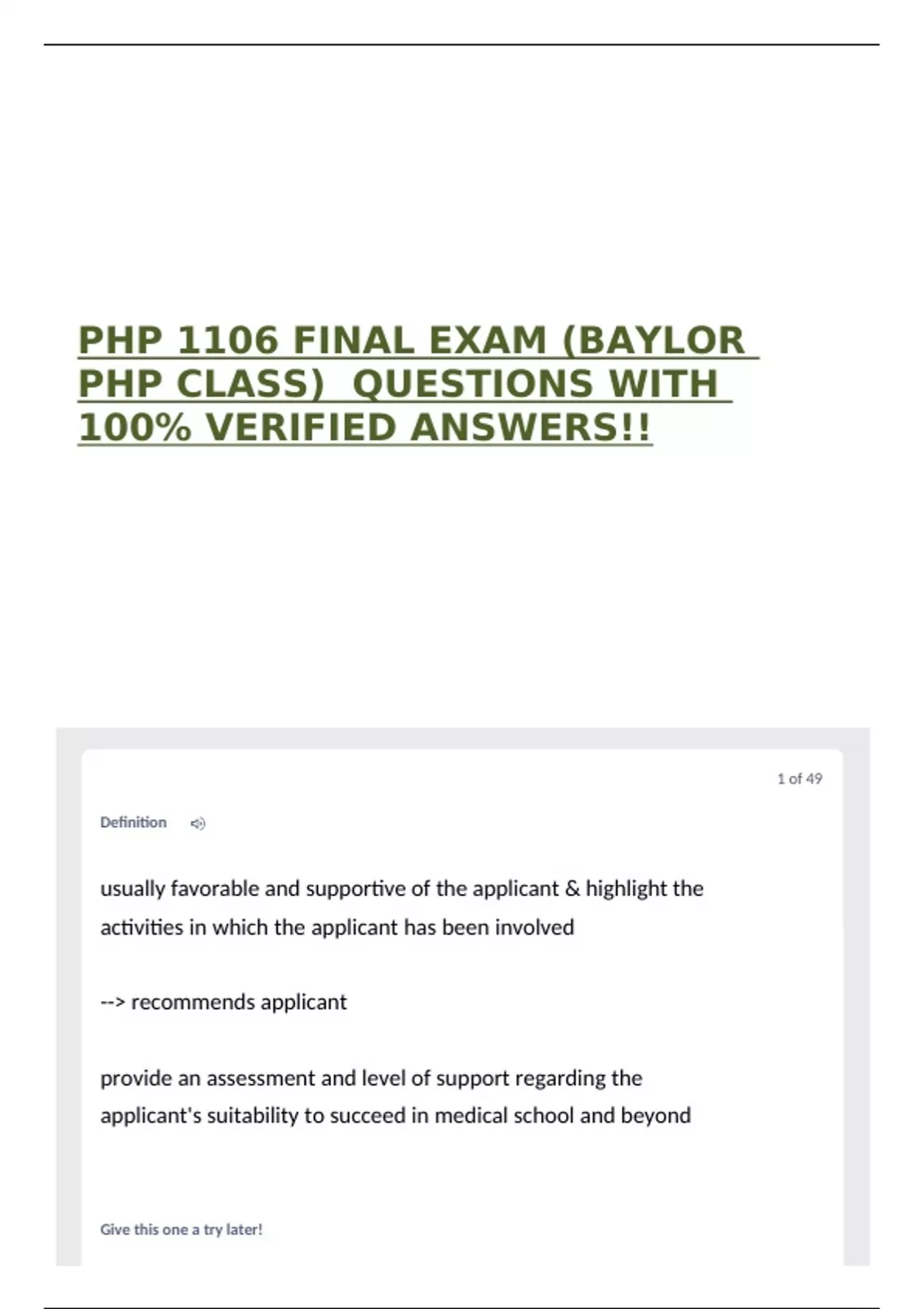 PHP 1106 FINAL EXAM (BAYLOR PHP CLASS) QUESTIONS WITH 100% VERIFIED ANSWERS!! - PHP 1106 - Stuvia US