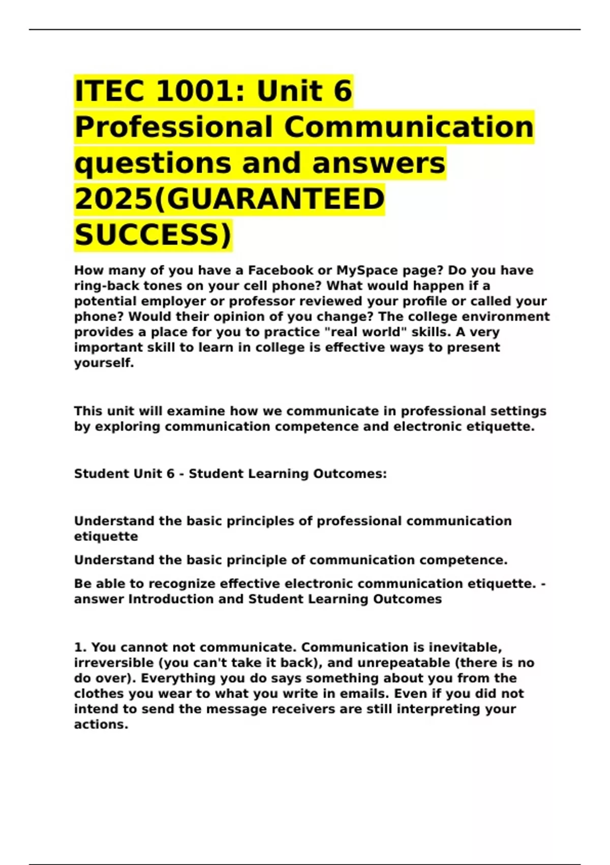 ITEC 1001 Unit 6 Professional Communication questions and answers 2025 ...