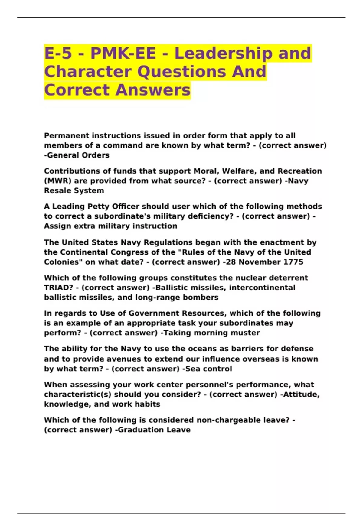E-5 - PMK-EE - Leadership and Character Questions And Correct Answers ...