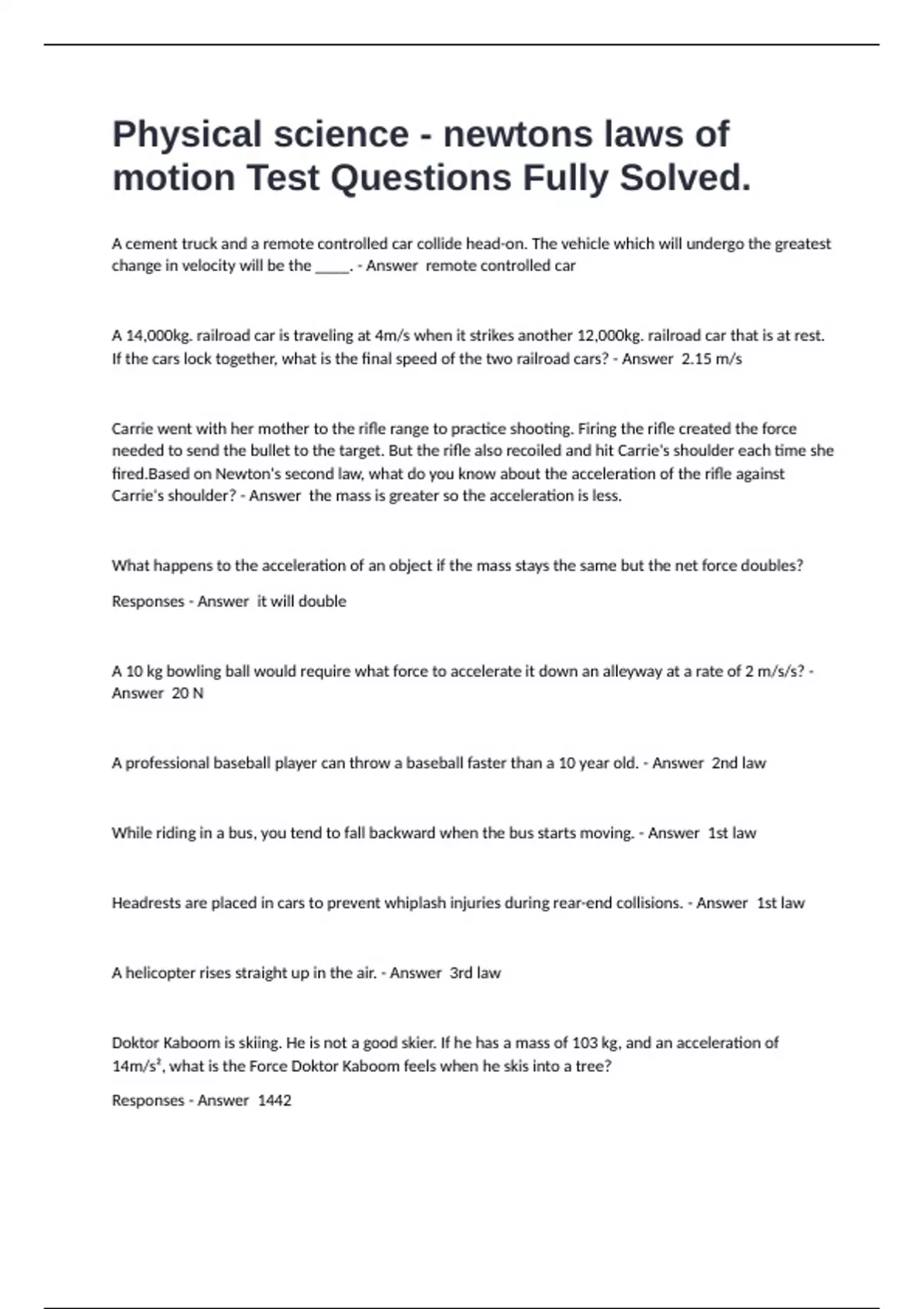 Physical science - newtons laws of motion Test Questions Fully Solved ...