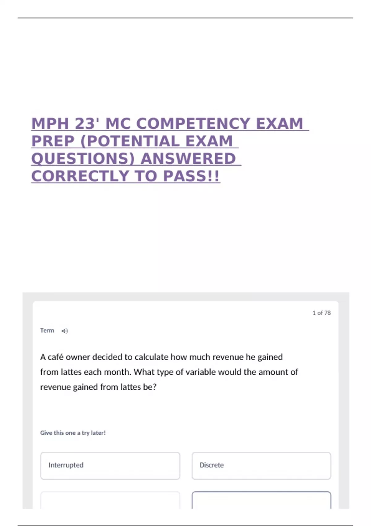 MPH 23' MC COMPETENCY EXAM PREP (POTENTIAL EXAM QUESTIONS) ANSWERED ...