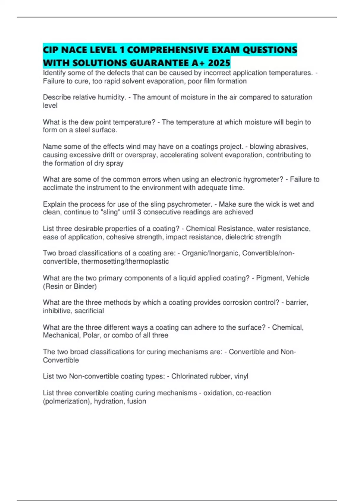 CIP NACE LEVEL 1 COMPREHENSIVE EXAM QUESTIONS WITH SOLUTIONS GUARANTEE ...