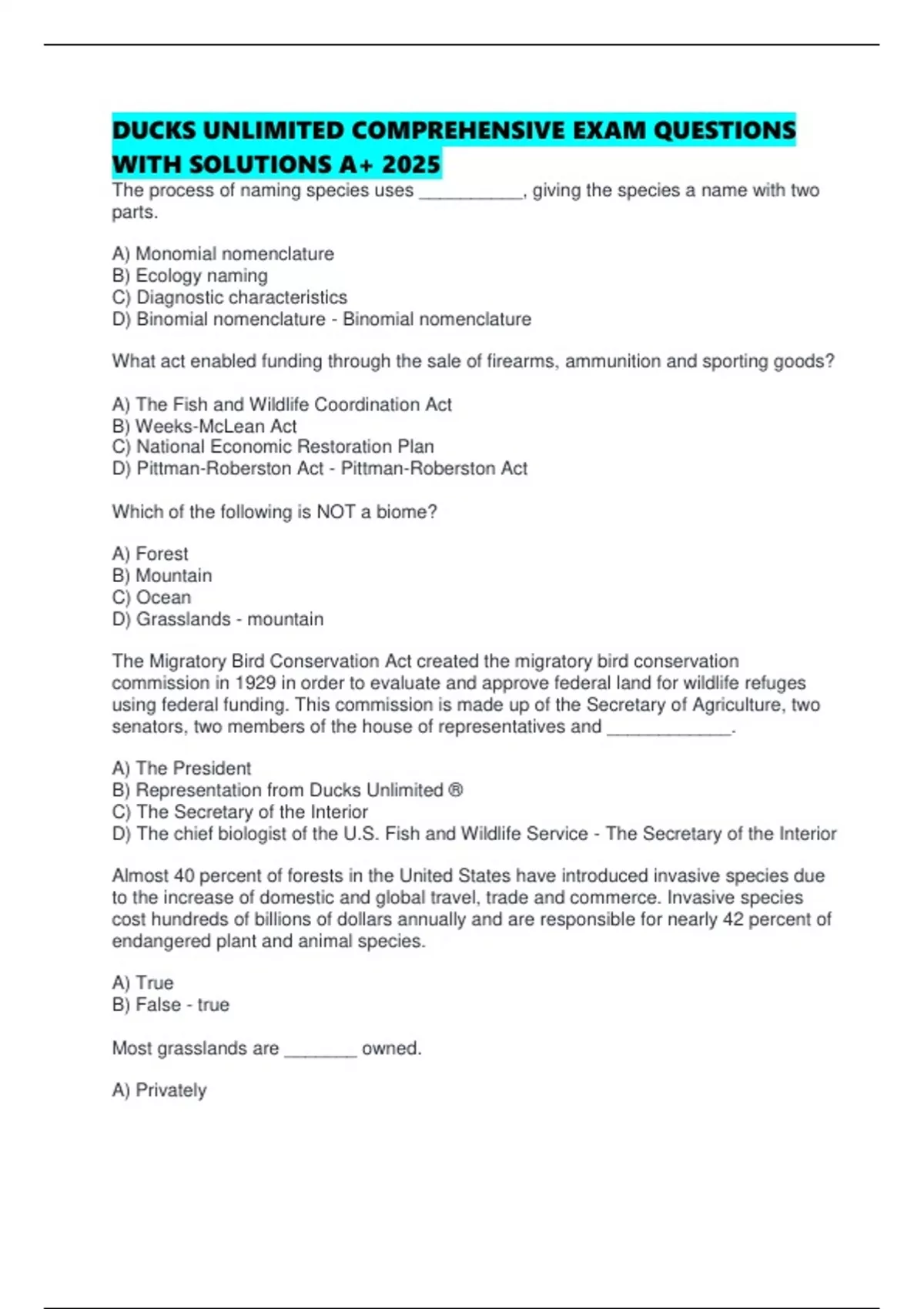 DUCKS UNLIMITED COMPREHENSIVE EXAM QUESTIONS WITH SOLUTIONS A+ 2025 ...