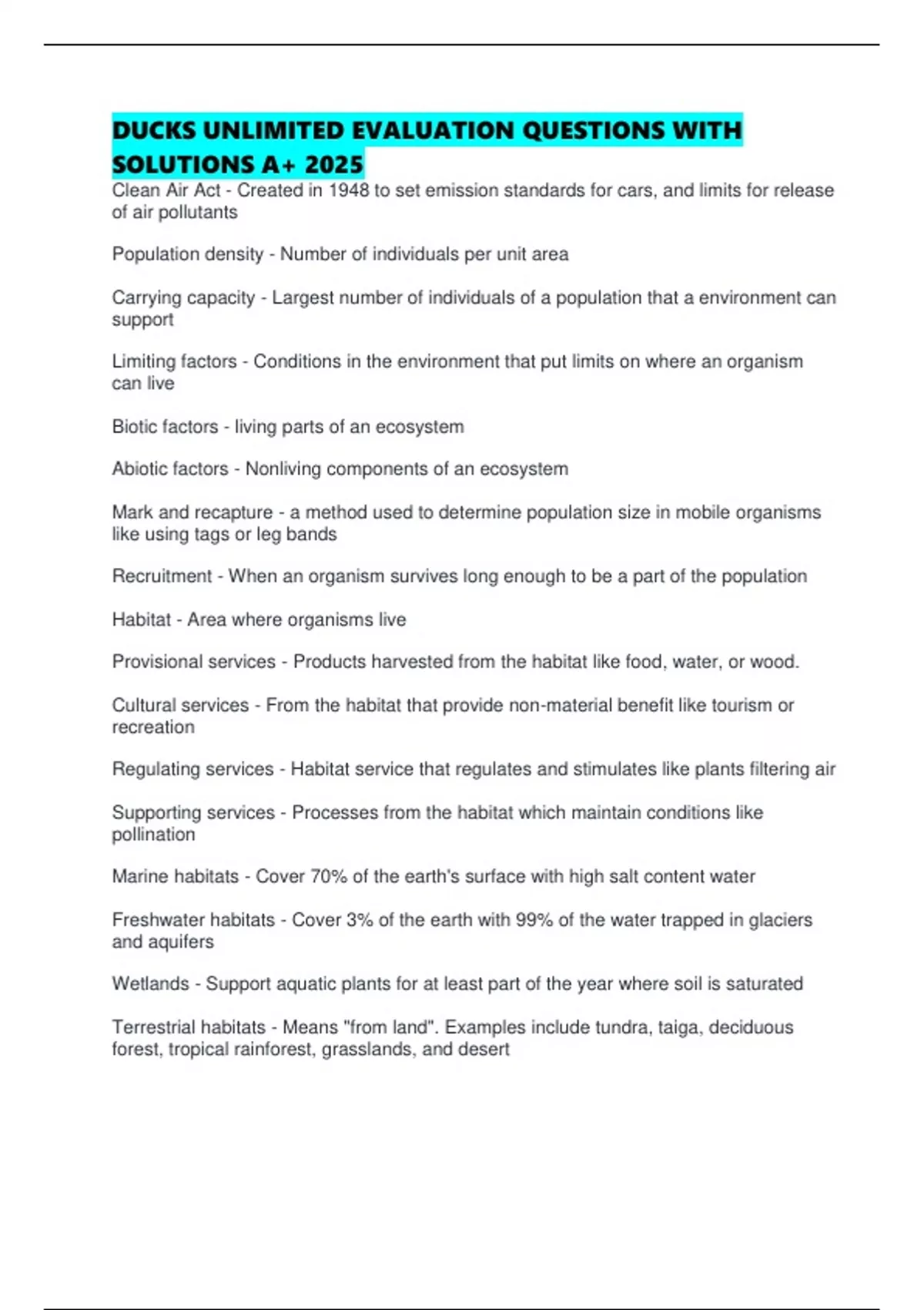 DUCKS UNLIMITED EVALUATION QUESTIONS WITH SOLUTIONS A+ 2025 - DUCKS ...