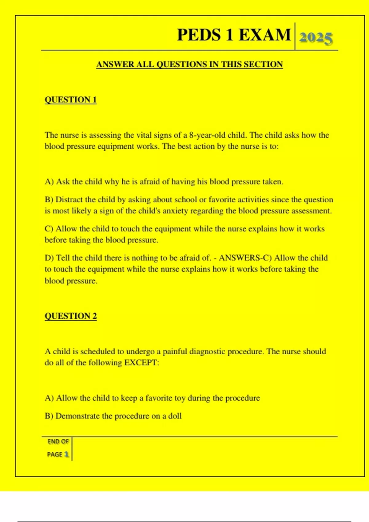 PEDS 1 EXAM QUESTIONS AND ANSWERS 2025 - PEDS 1 - Stuvia US