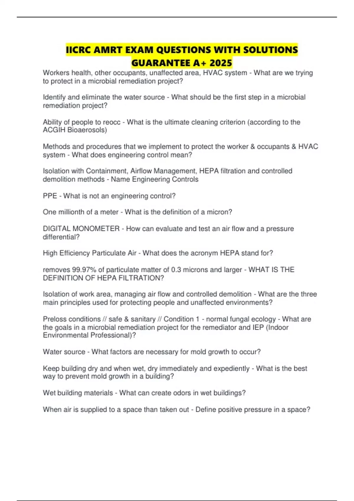 IICRC AMRT EXAM QUESTIONS WITH SOLUTIONS GUARANTEE A+ 2025 - IICRC ...