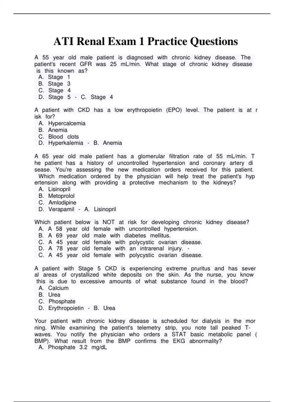 ATI Renal Exam 1 Practice Questions - for merge - Ati renal - Stuvia US