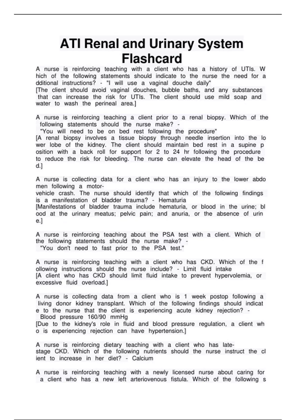 ATI Renal and Urinary System Flashcard. - Ati renal - Stuvia US