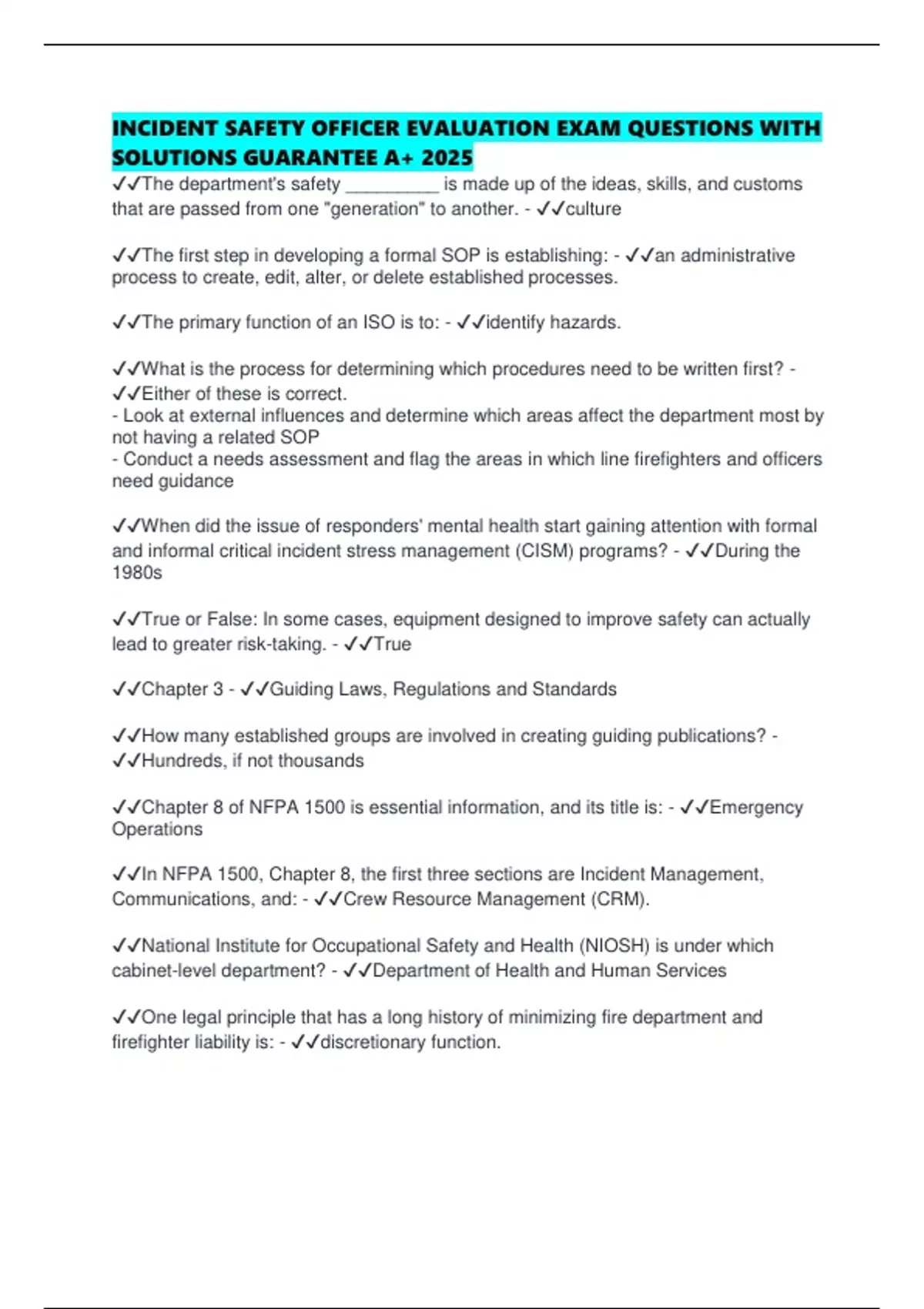 INCIDENT SAFETY OFFICER EVALUATION EXAM QUESTIONS WITH SOLUTIONS ...
