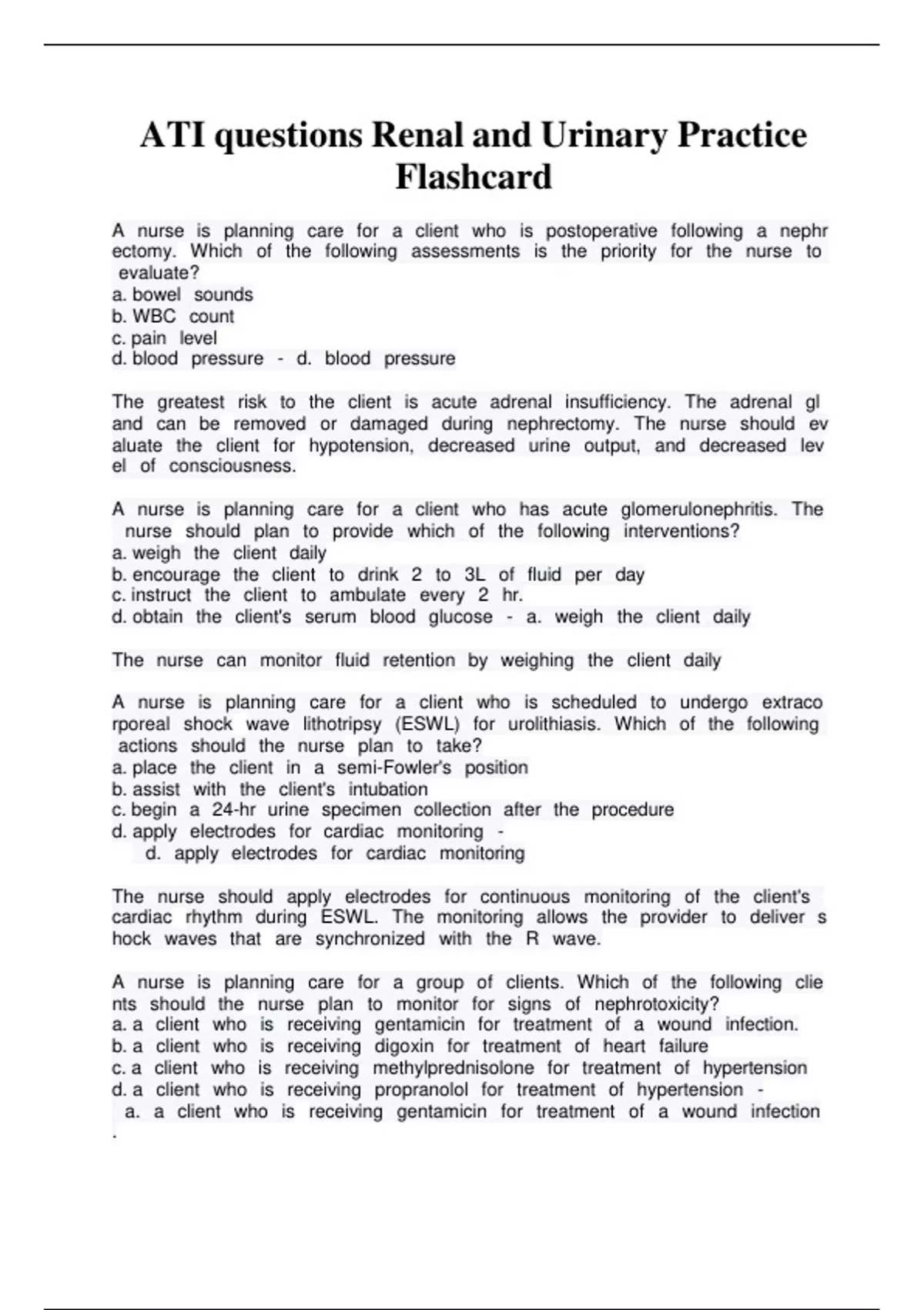 ATI questions Renal and Urinary Practice Flashcard - Ati renal - Stuvia US