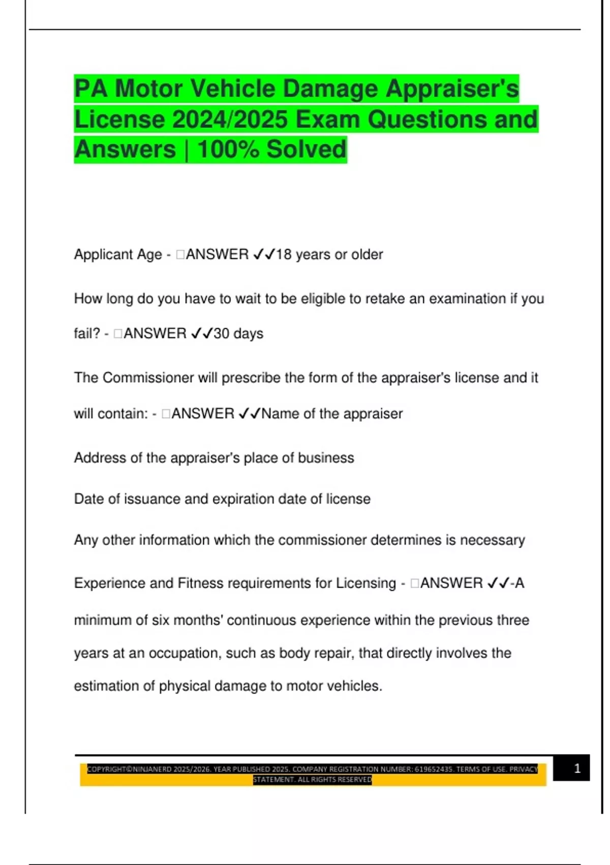 PA Motor Vehicle Damage Appraiser's License 2024/2025 Exam Questions ...