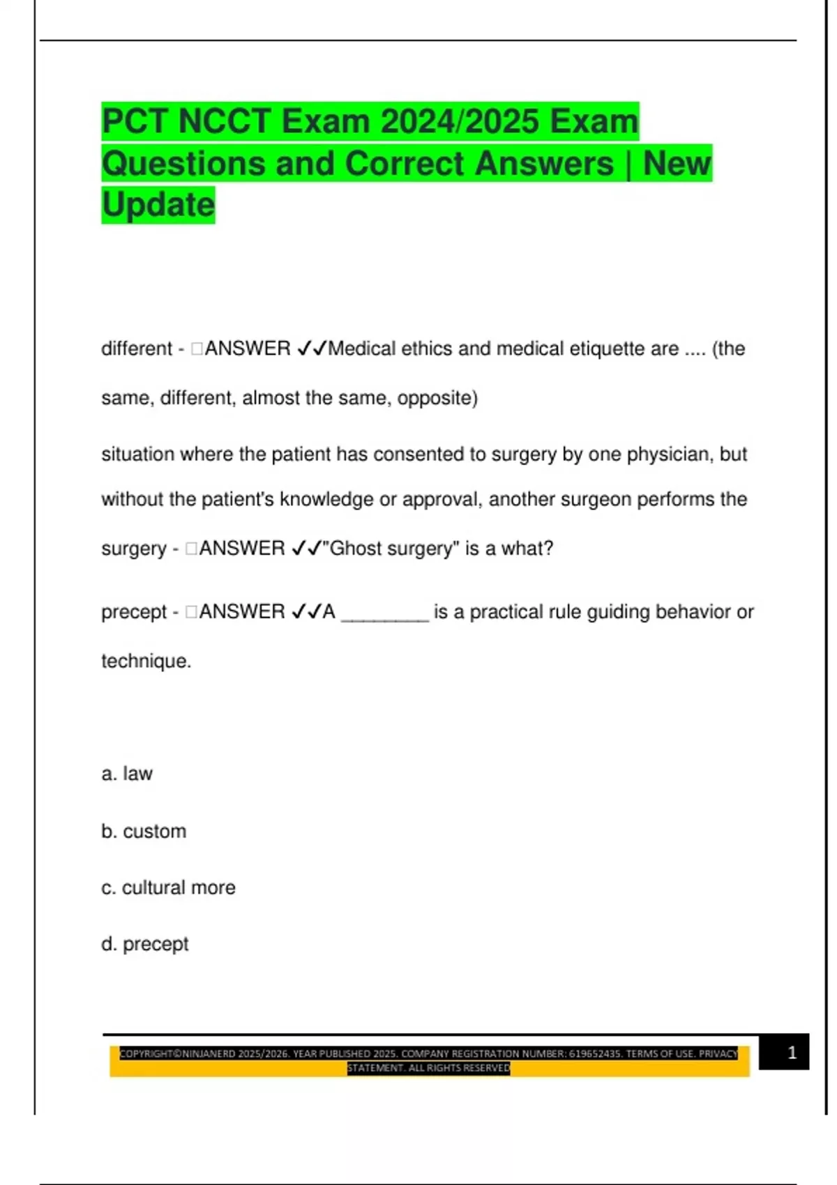 PCT NCCT Exam 2024/2025 Exam Questions and Correct Answers | New Update ...