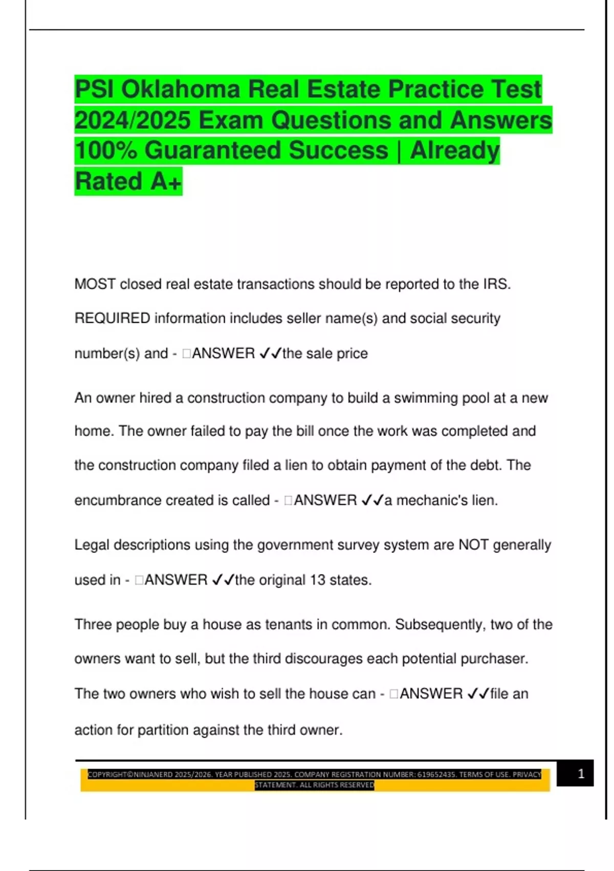 PSI Oklahoma Real Estate Practice Test 2024/2025 Exam Questions and ...