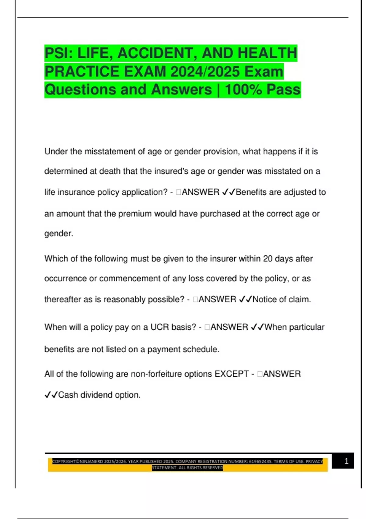 PSI: LIFE, ACCIDENT, AND HEALTH PRACTICE EXAM 2024/2025 Exam Questions ...