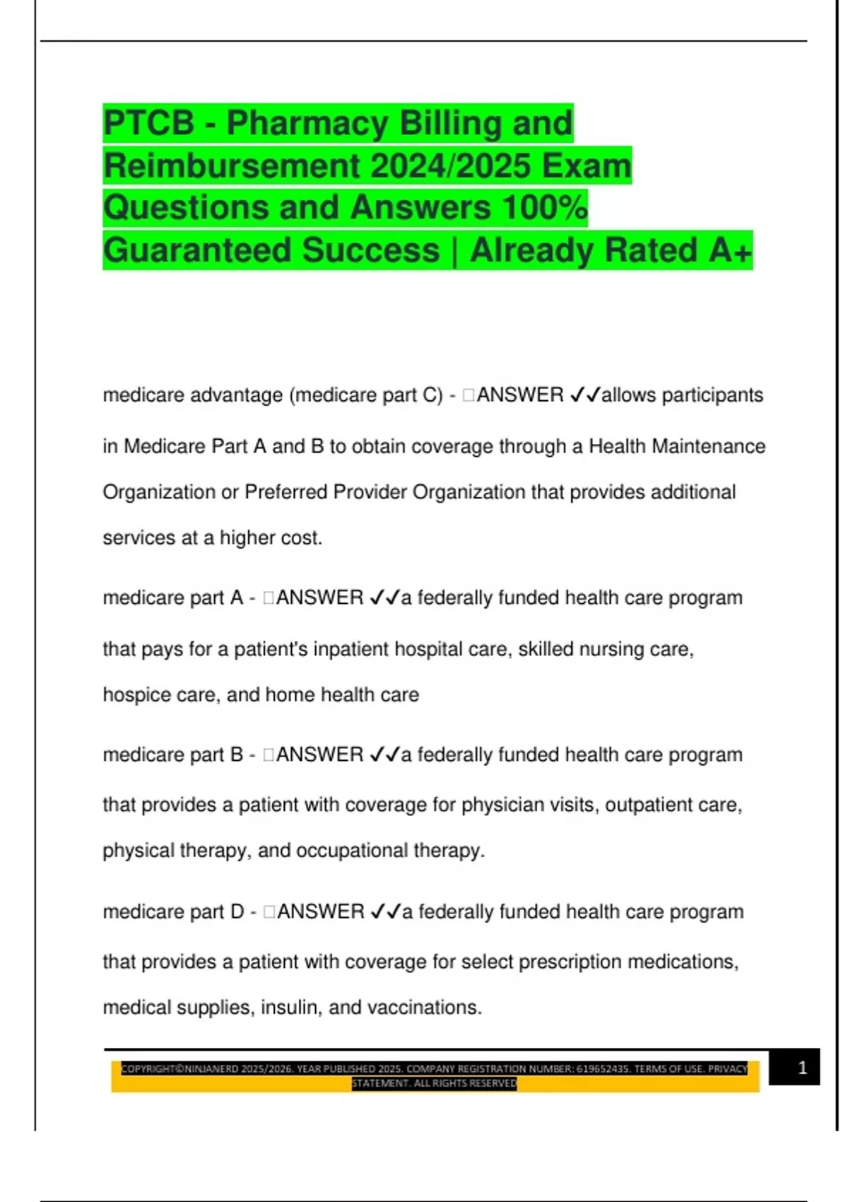 PTCB - Pharmacy Billing and Reimbursement 2024/2025 Exam Questions and ...
