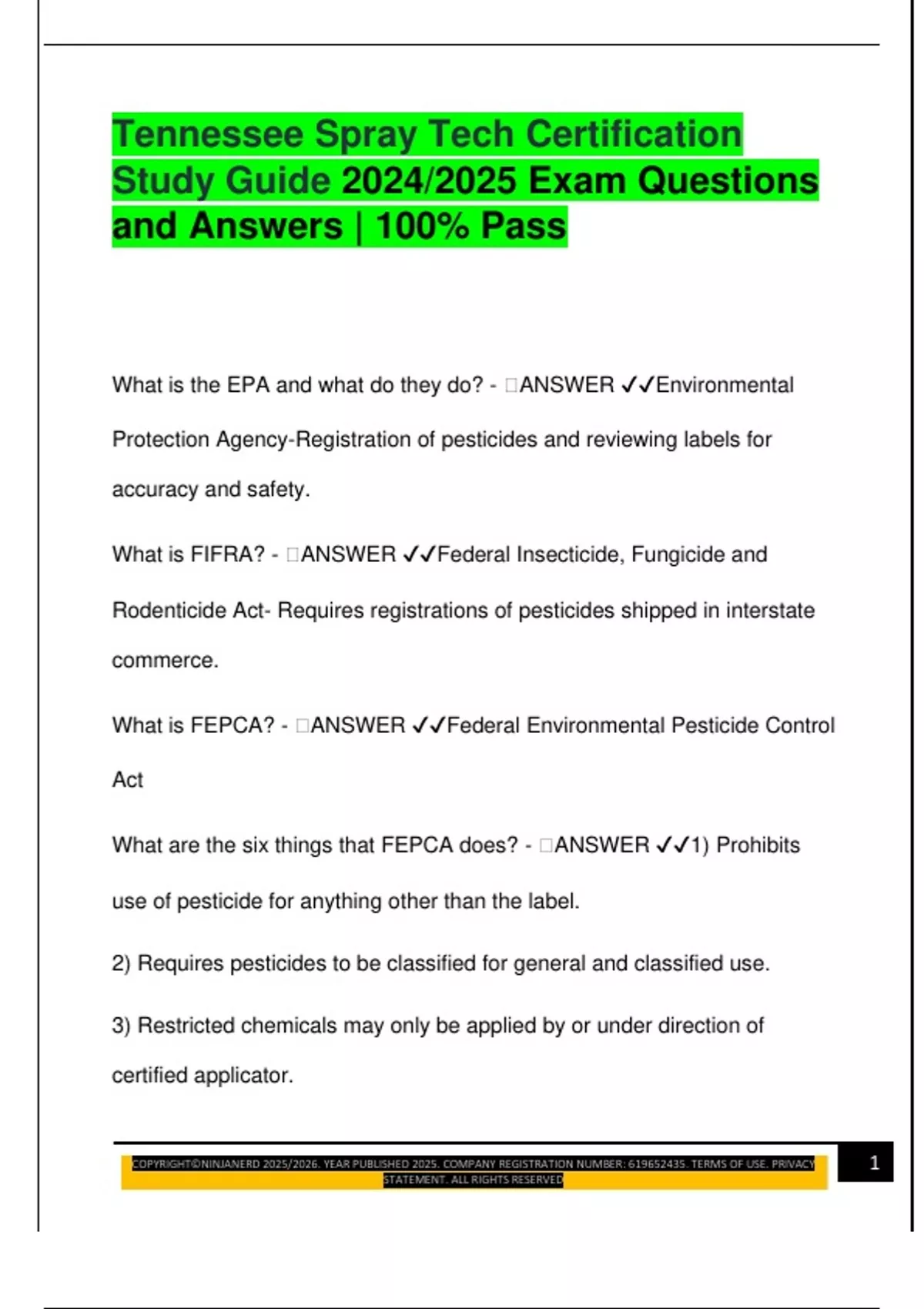 Tennessee Spray Tech Certification Study Guide 2024/2025 Exam Questions ...