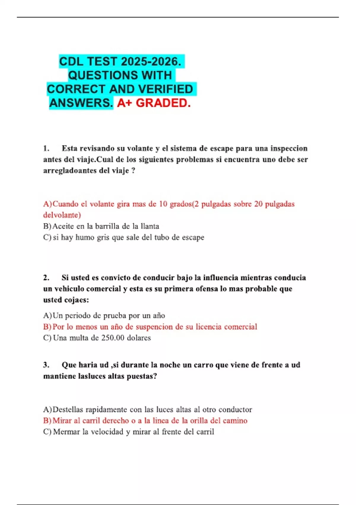 CDL TEST . QUESTIONS WITH CORRECT AND VERIFIED ANSWERS. A+ GRADED ...