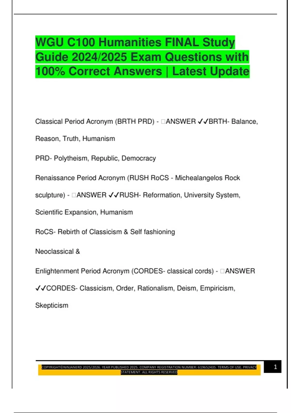 WGU C100 Humanities FINAL Study Guide 2024/2025 Exam Questions with 100 ...