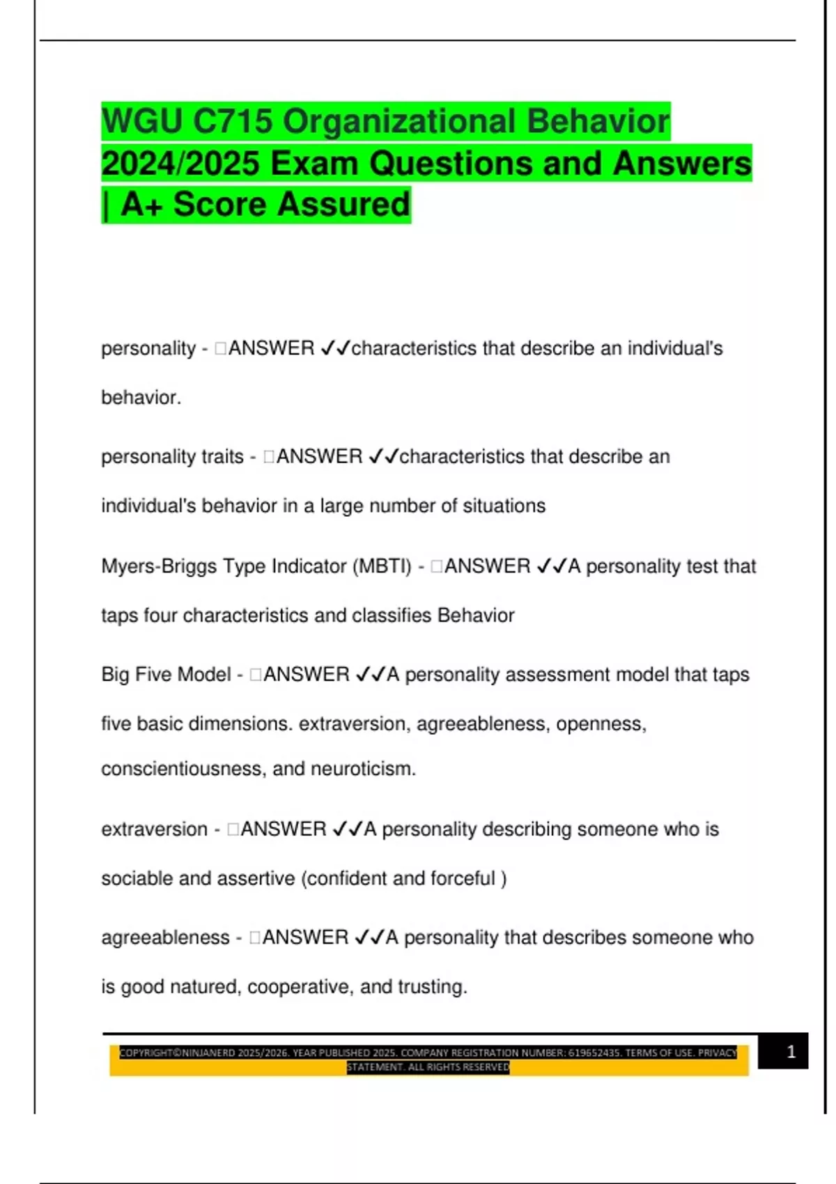 WGU C715 Organizational Behavior 2024/2025 Exam Questions and Answers ...