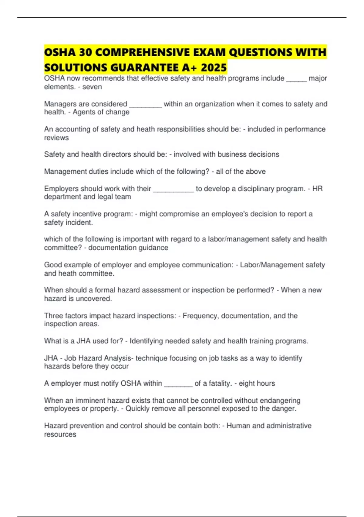 OSHA 30 COMPREHENSIVE EXAM QUESTIONS WITH SOLUTIONS GUARANTEE A+ 2025 ...
