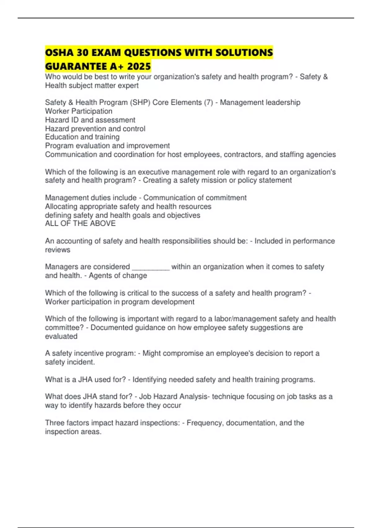 OSHA 30 EXAM QUESTIONS WITH SOLUTIONS GUARANTEE A+ 2025 - Osha 30 ...