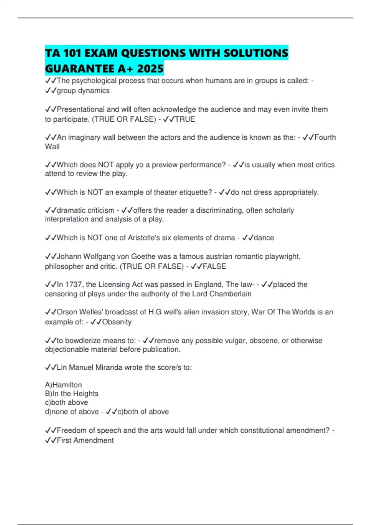 TA 101 EXAM QUESTIONS WITH SOLUTIONS GUARANTEE A+ 2025 - TA 101 - Stuvia US