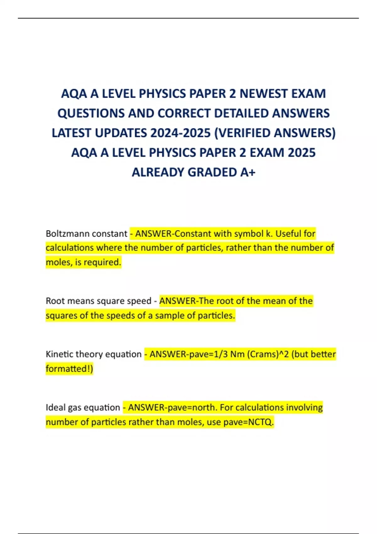 AQA A LEVEL PHYSICS PAPER 2 NEWEST EXAM QUESTIONS AND CORRECT DETAILED ...