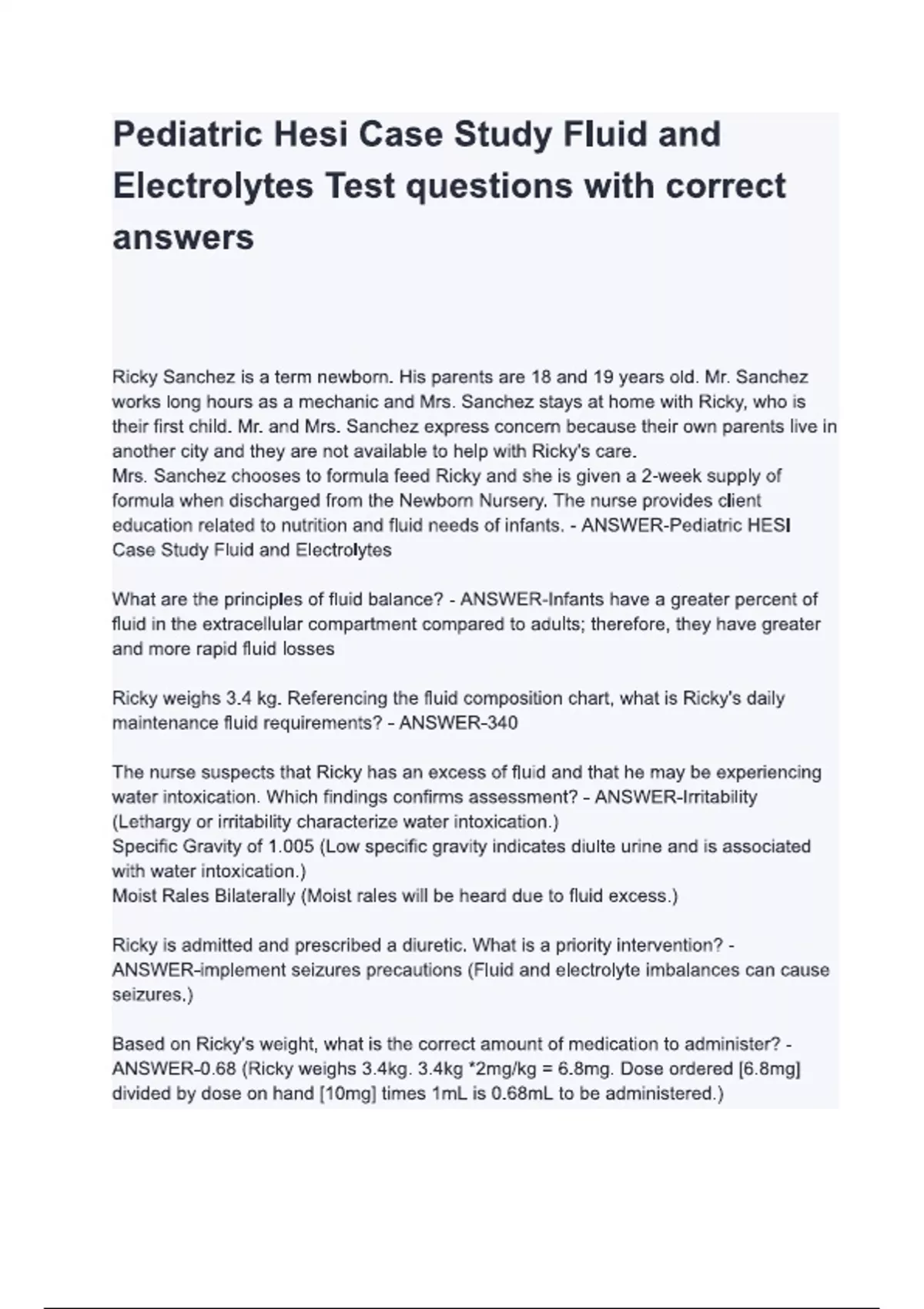 Pediatric Hesi Case Study Fluid and Electrolytes Test questions with ...