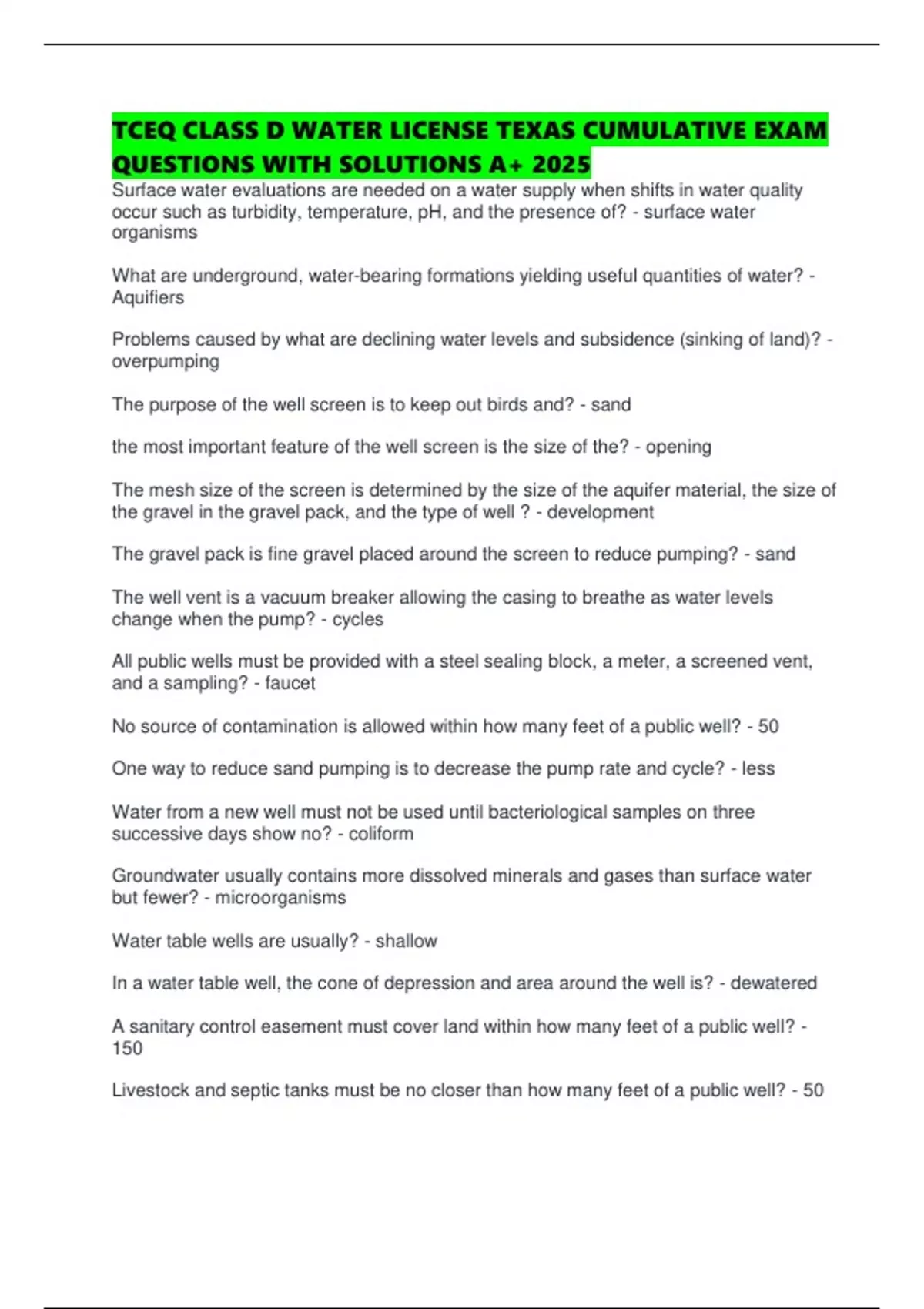 TCEQ CLASS D WATER LICENSE TEXAS EXAM QUESTION WITH SOLUTIONS A+ 2025 ...