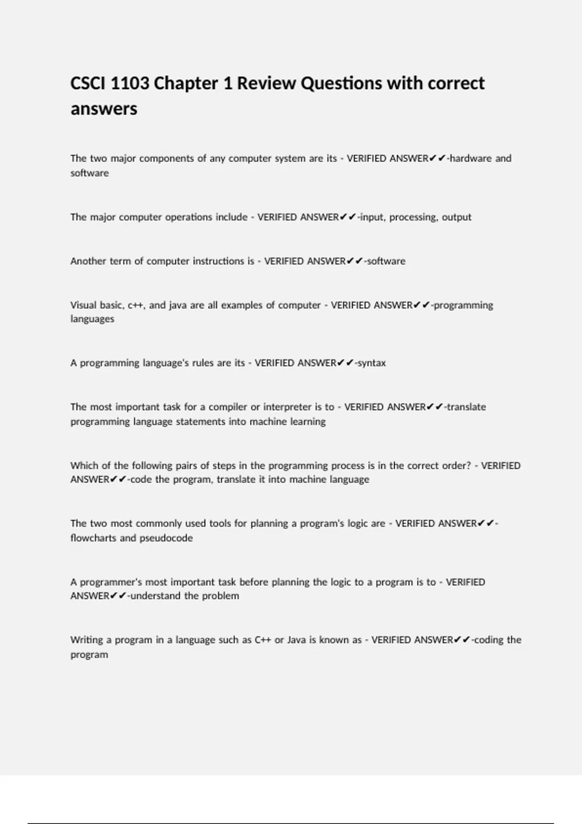 CSCI 1103 Chapter 1 Review Questions with correct answers - CSCI 1103 - Stuvia US