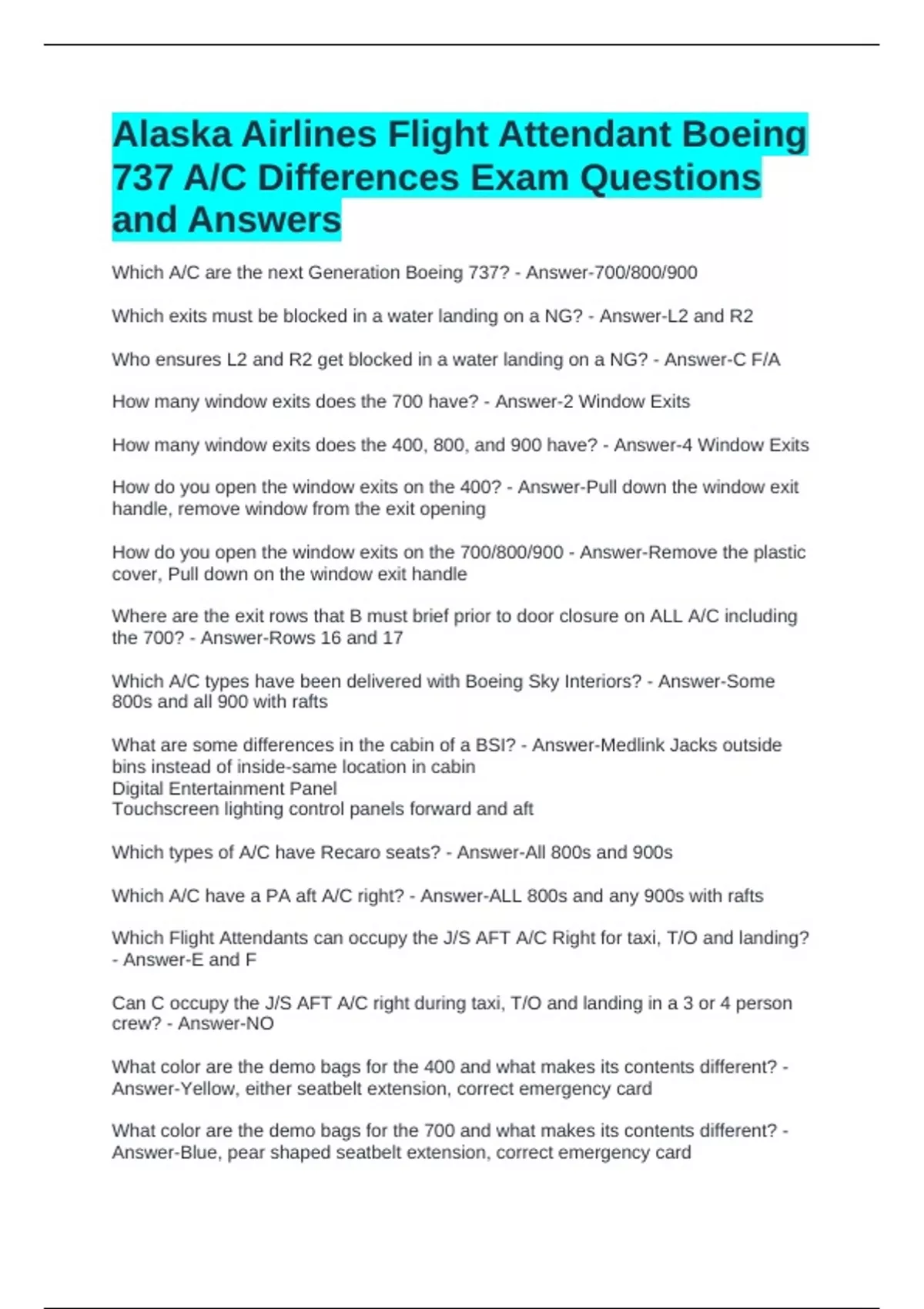 Alaska Airlines Flight Attendant Boeing 737 A/C Differences Exam ...