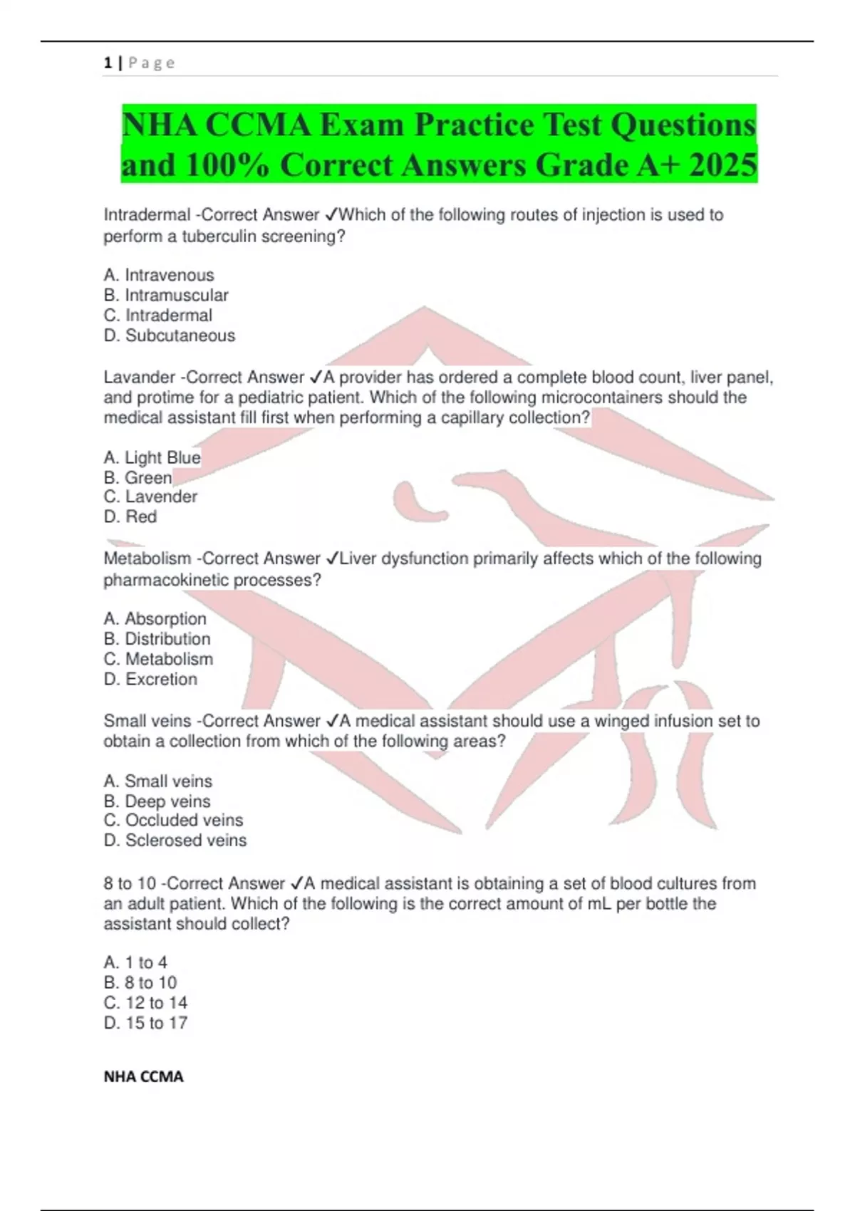 NHA CCMA Exam Practice Test Questions and 100% Correct Answers Grade A+ ...
