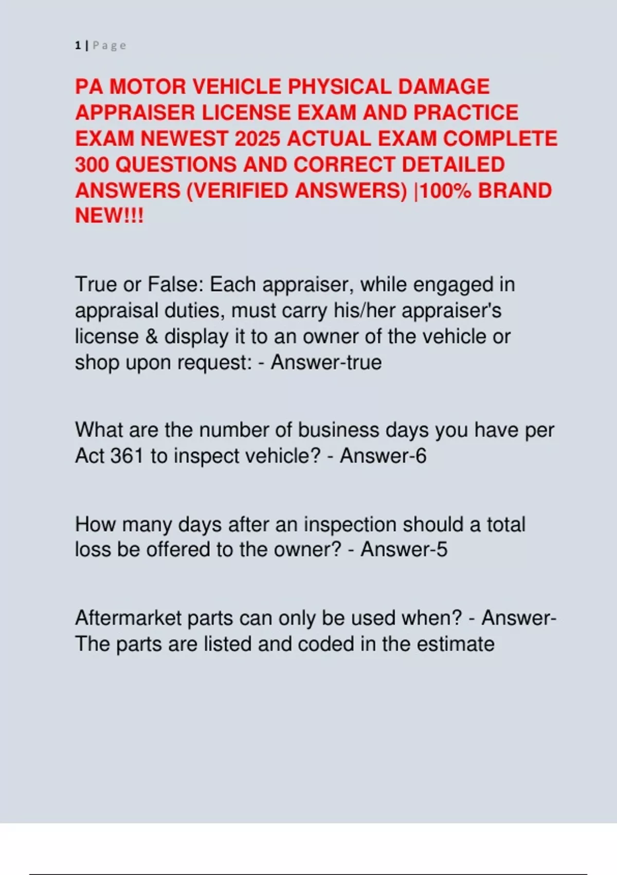 PA MOTOR VEHICLE PHYSICAL DAMAGE APPRAISER LICENSE EXAM AND PRACTICE ...