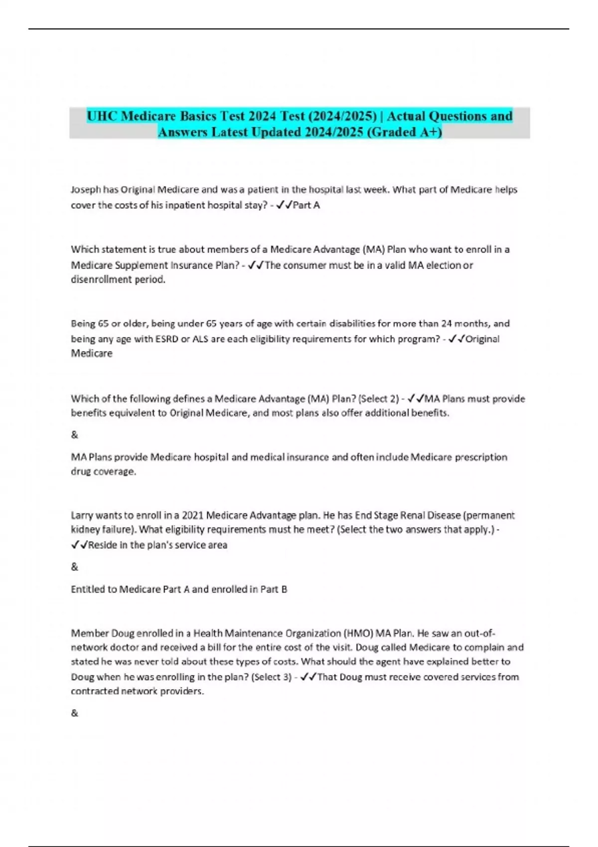 UHC Medicare Basics Test 2024 Test (2024/2025) | Actual Questions and ...