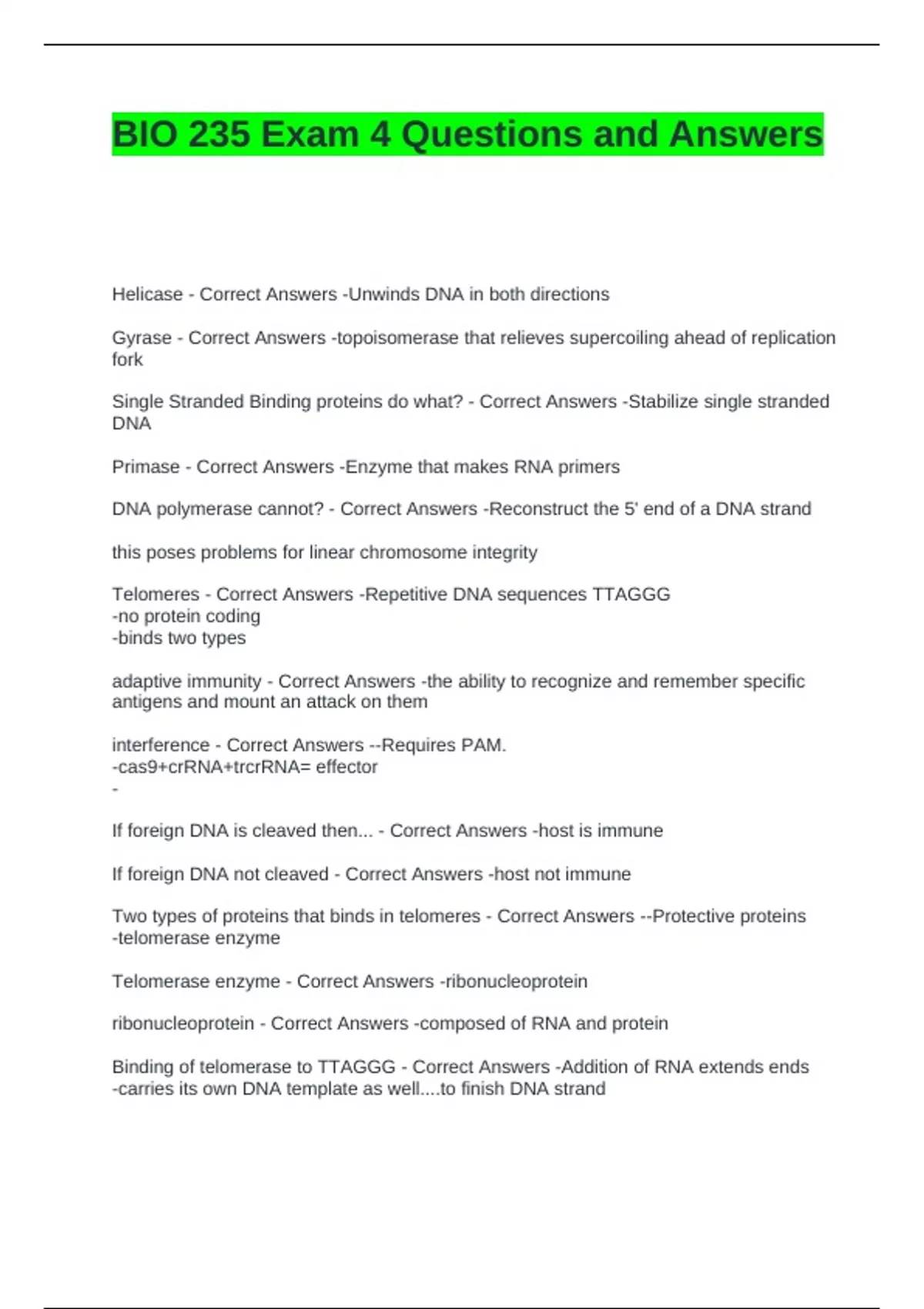 BIO 235 Exam 4 Questions and Answers (Graded A) - Bio 235 - Stuvia US