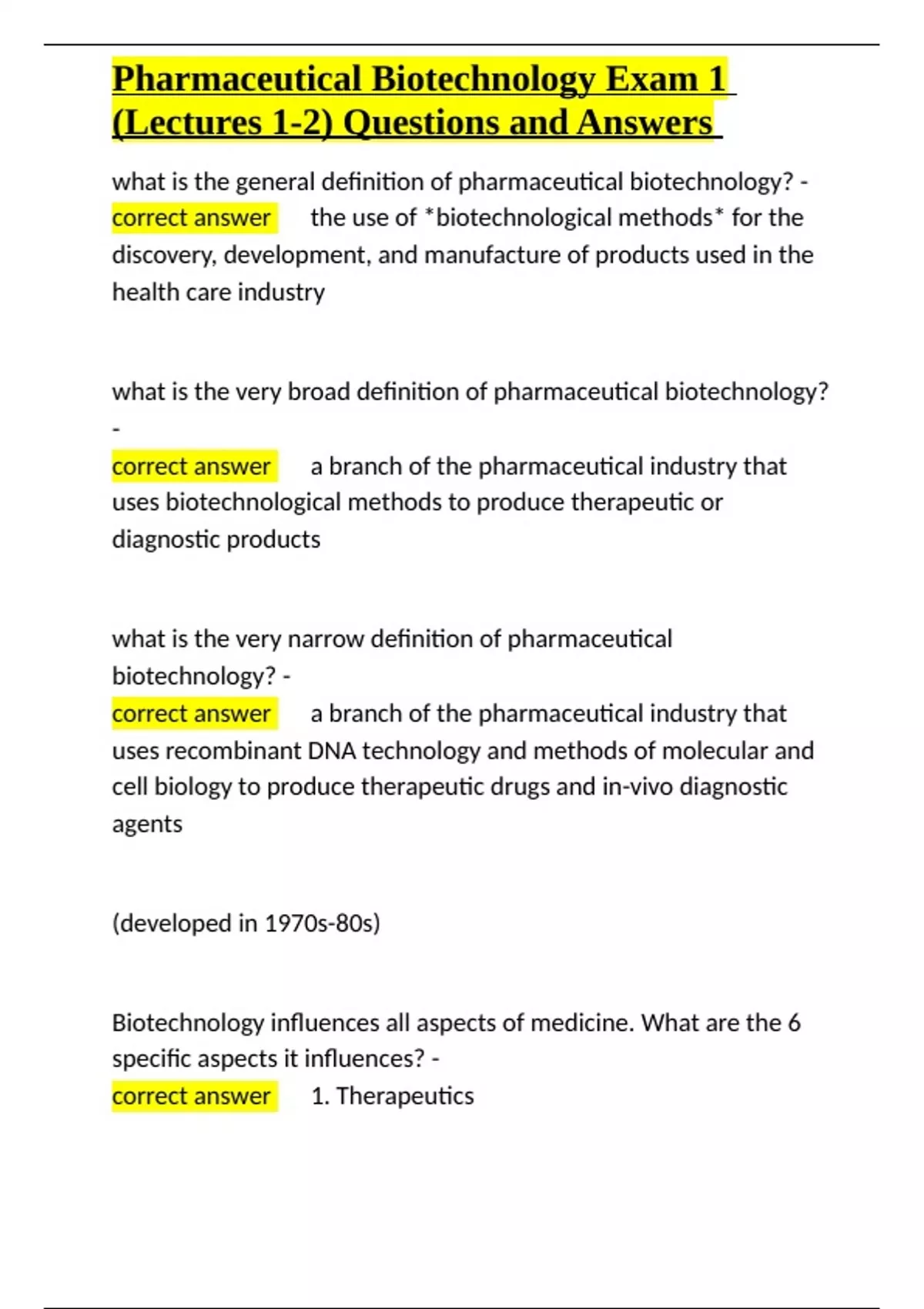 Pharmaceutical Biotechnology Exam 1 (Lectures 1-2) Questions and ...