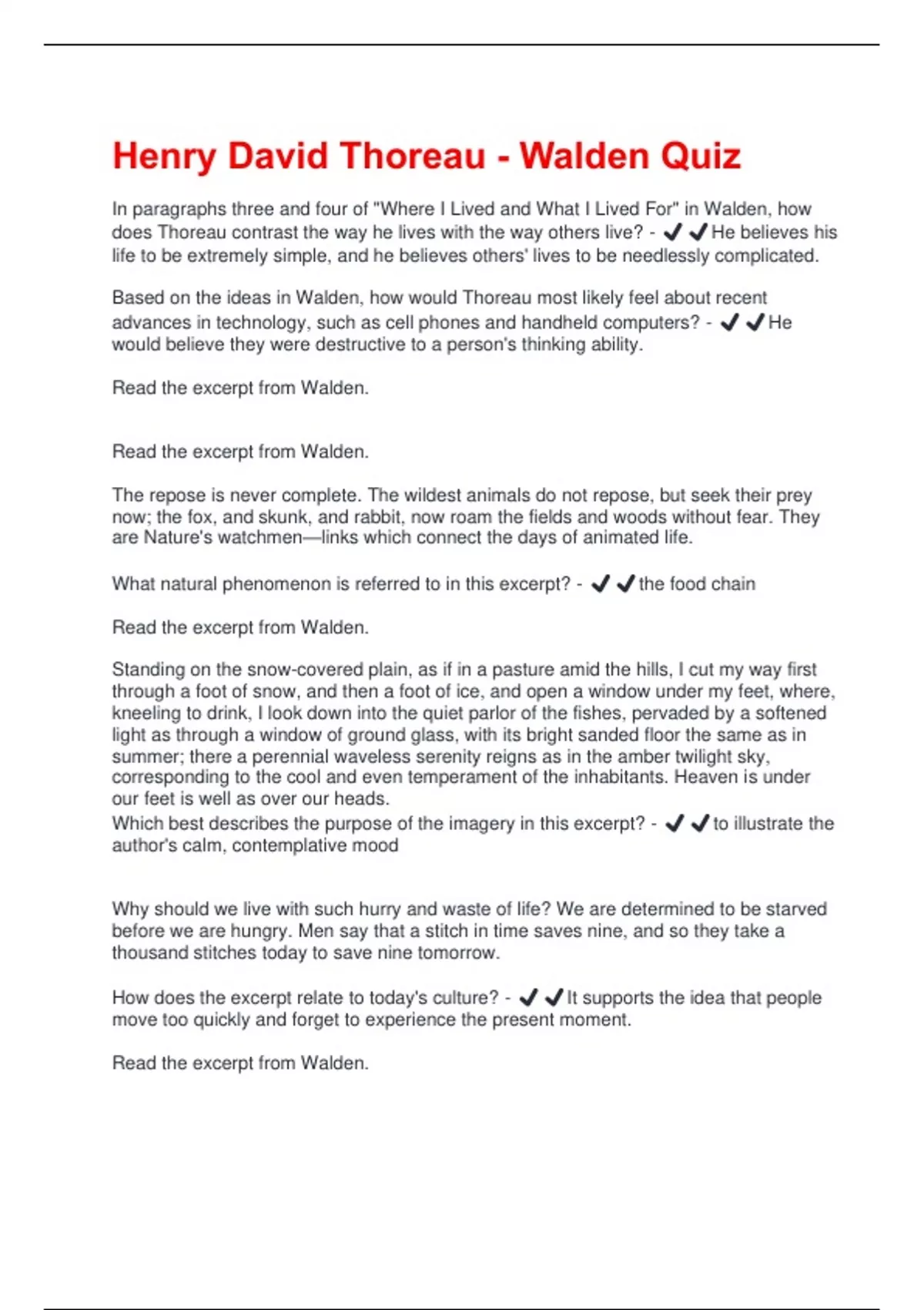 Henry David Thoreau - Walden Quiz Questions And Answers With Complete ...