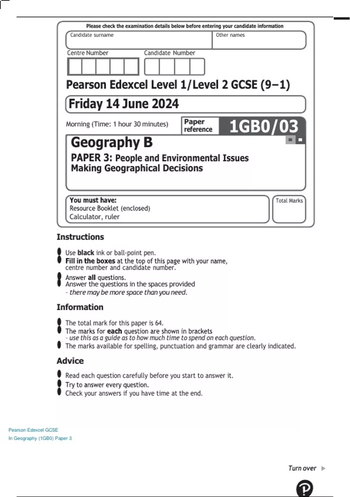 2024 Pearson Edexcel GCSE In Geography (1GB0) Paper 3 ACTUAL QUESTION ...