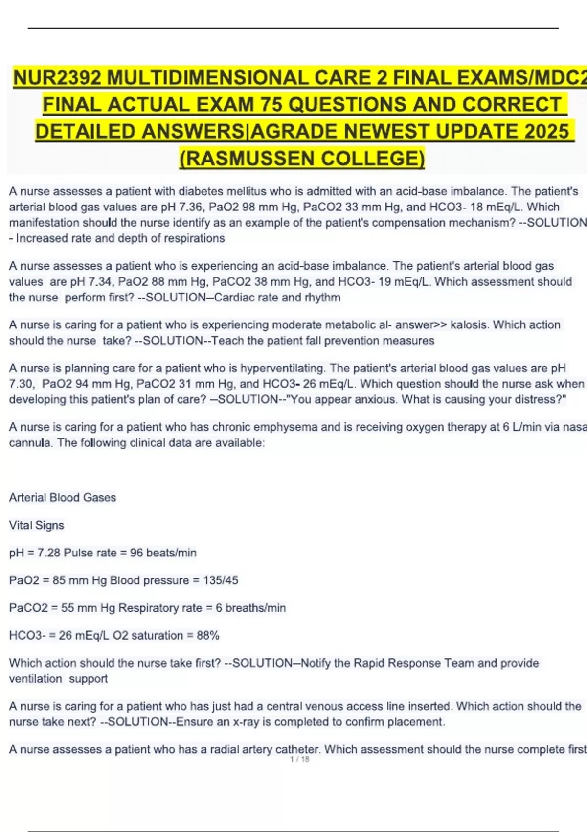 NUR2392 MULTIDIMENSIONAL CARE 2 FINAL EXAMS/MDC2 FINAL ACTUAL EXAM 75 ...