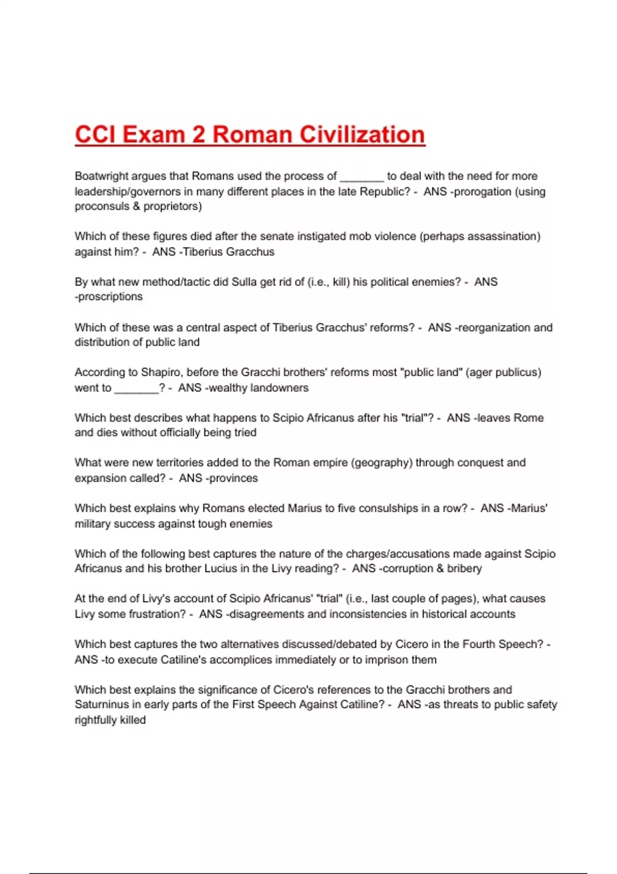 CCI Exam 2 Roman Civilization Questions with correct Answers 2025/2026 ...