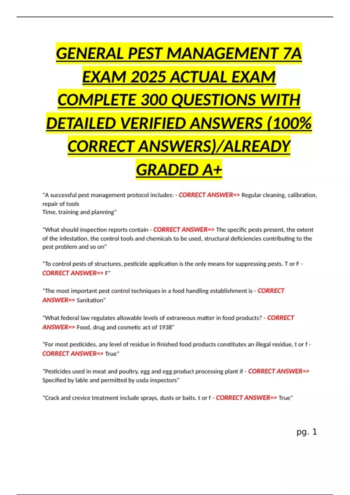 GENERAL PEST MANAGEMENT 7A EXAM 2025 ACTUAL EXAM COMPLETE 300 QUESTIONS ...