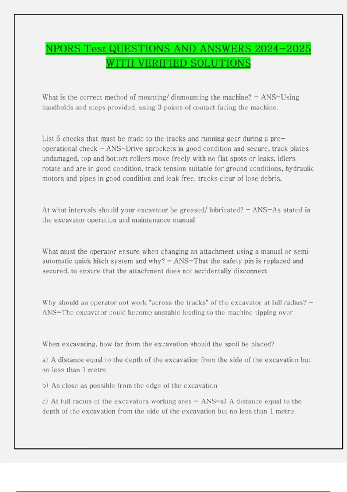 Construction Plant Competence Scheme (CPCS)-NPORS Test QUESTIONS AND ...