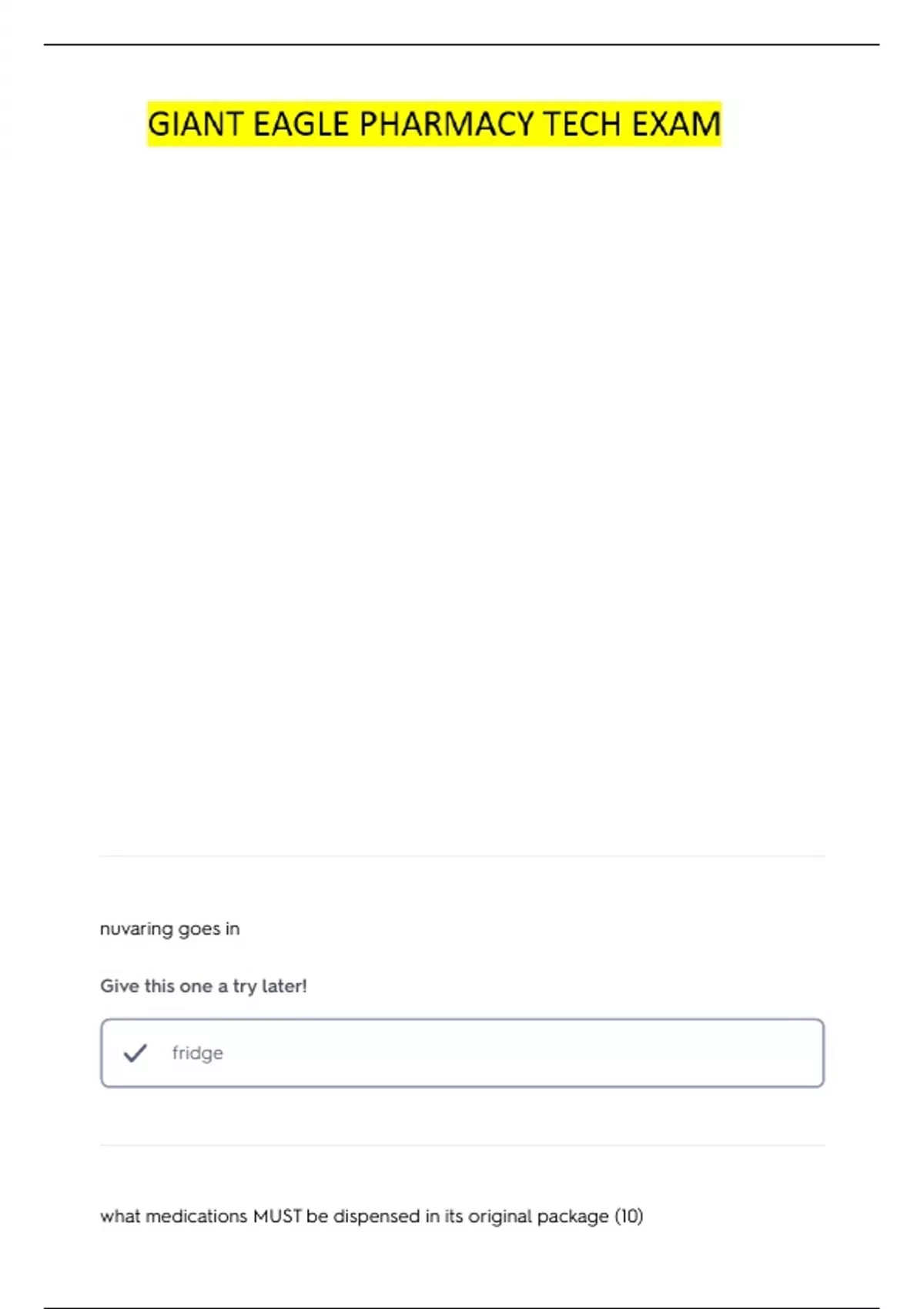 GIANT EAGLE PHARMACY QUALIFICATION EXAM QUESTIONS WITH 100% CORRECT ANSWERS - Giant Eagle ...