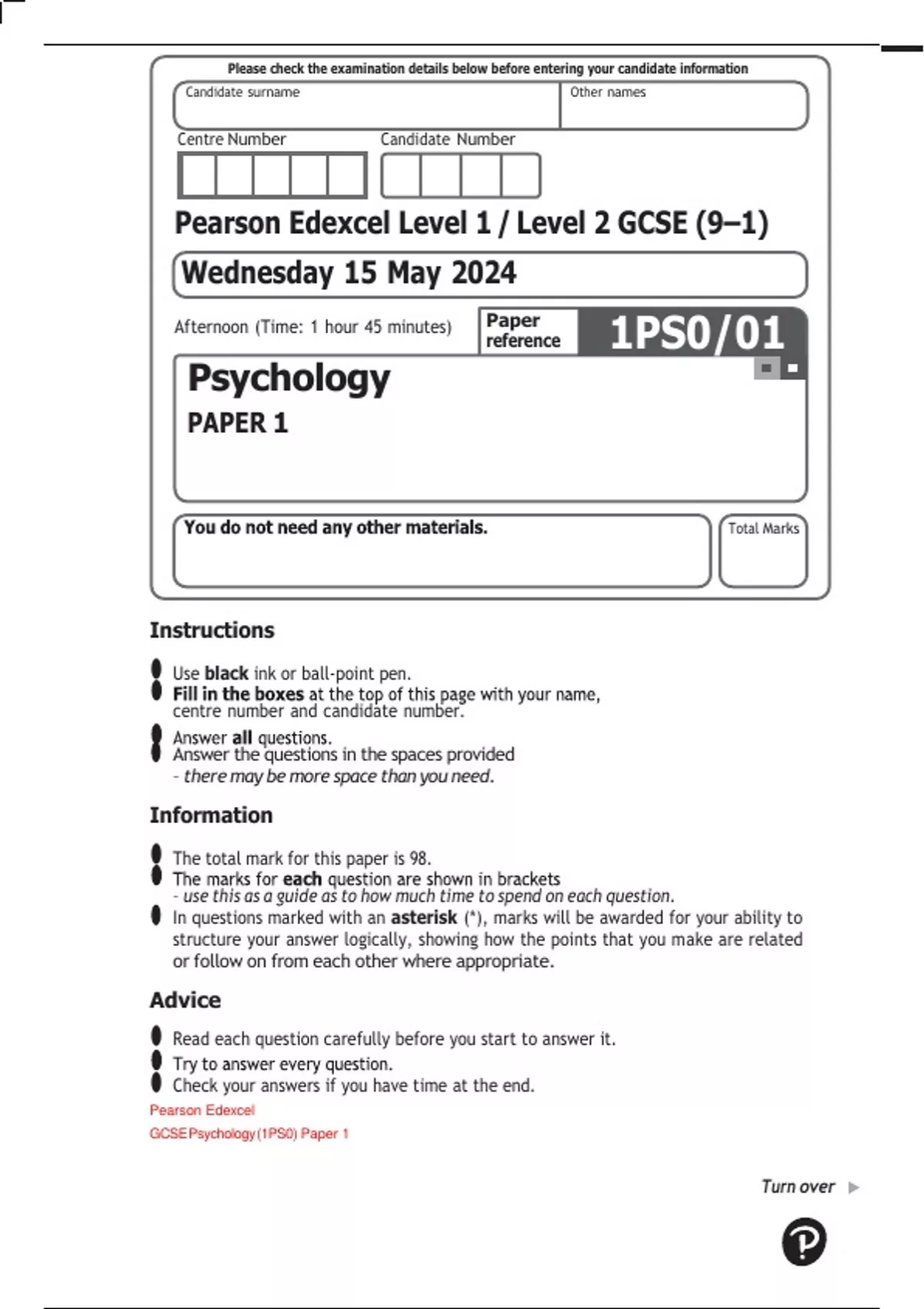 2024 Pearson Edexcel GCSE Psychology (1PS0) Paper 1 ACTUAL QUESTION ...